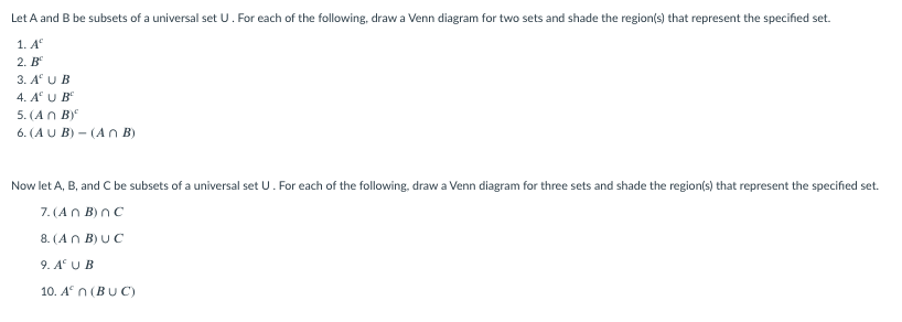 Solved Let A and B be subsets of a universal set U. For each | Chegg.com