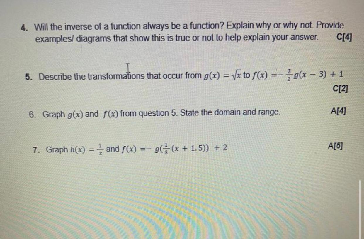 Solved 4. Will the inverse of a function always be a | Chegg.com