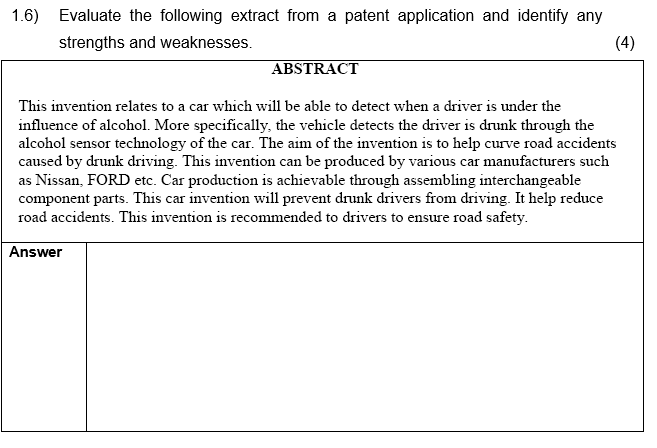 Solved 1.6) Evaluate the following extract from a patent | Chegg.com