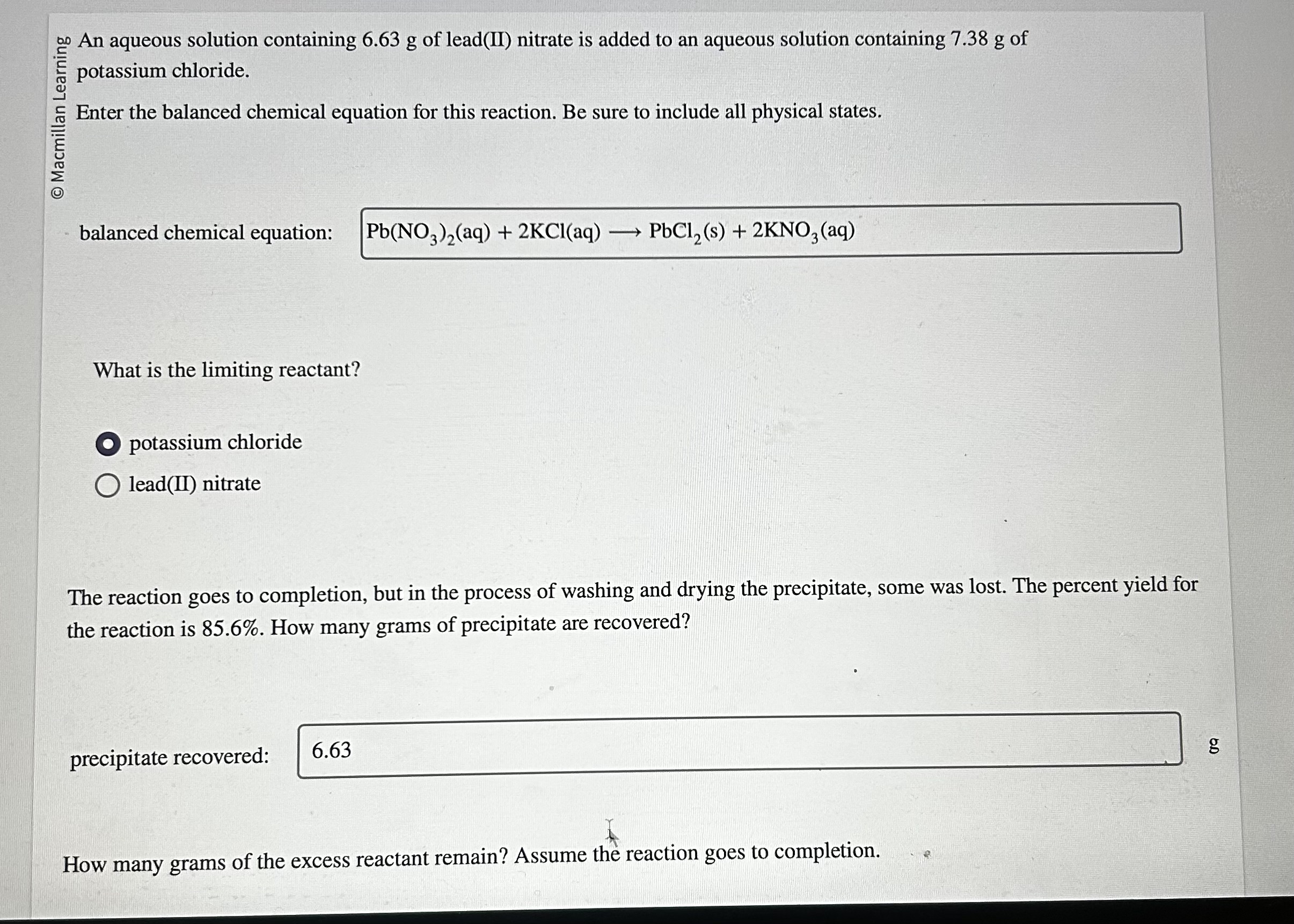Solved An aqueous solution containing 6.63 g of lead(II) | Chegg.com