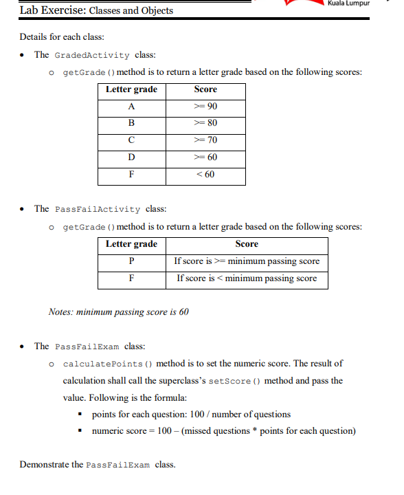 Solved Kuala Lumpur Lab Exercise: Classes and Objects | Chegg.com