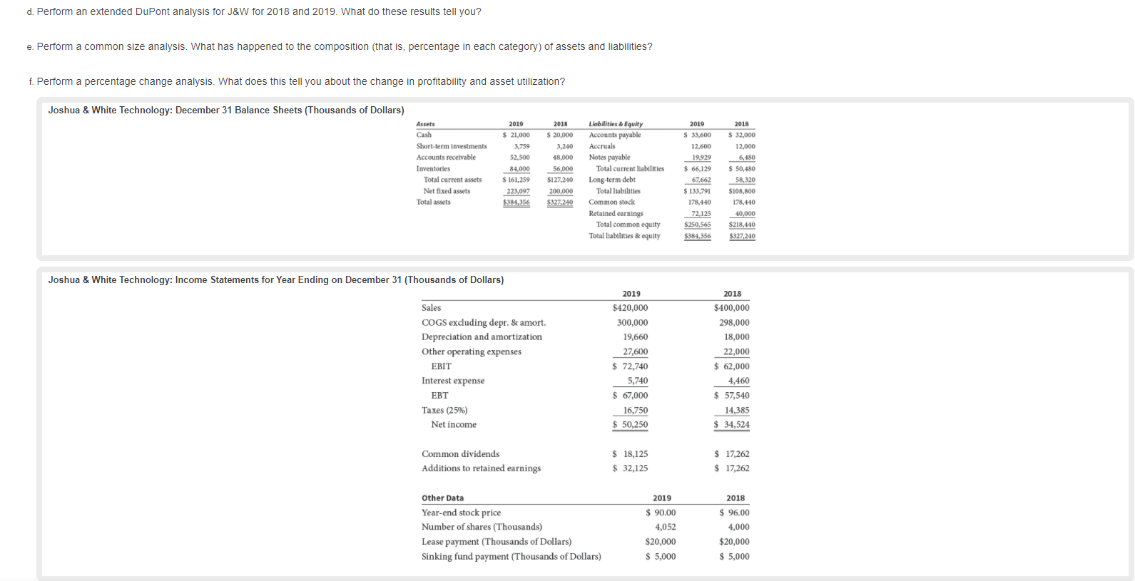 d. Perform an extended DuPont analysis for J&W for | Chegg.com