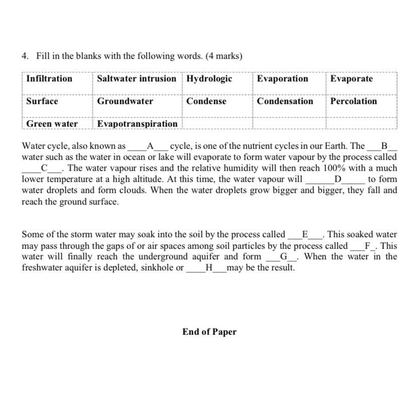 Solved 4. Fill in the blanks with the following words. (4 | Chegg.com