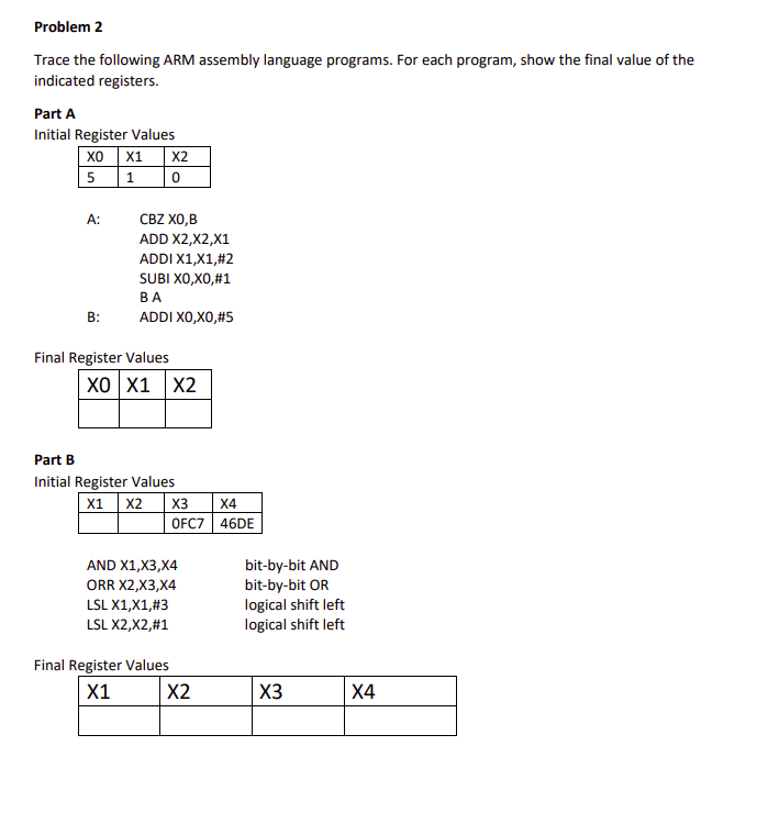 Solved Problem 2 Trace the following ARM assembly language | Chegg.com