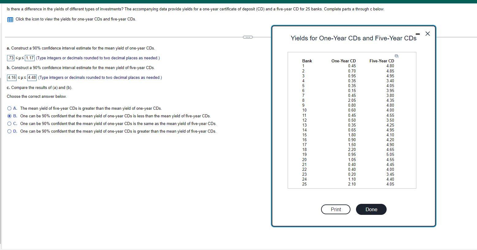 Solved Yields for One-Year CDs and Five-Year CDs a. | Chegg.com