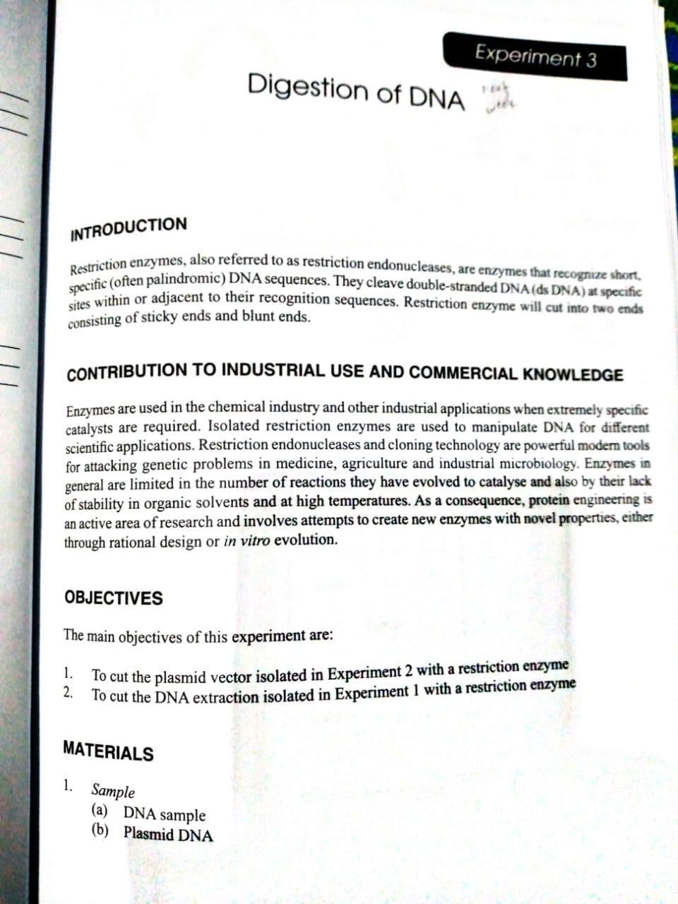 Solved Experiment 3 Digestion of DNA de INTRODUCTION | Chegg.com