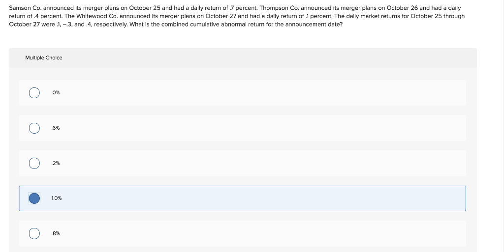 Solved Samson Co. announced its merger plans on October 25 | Chegg.com