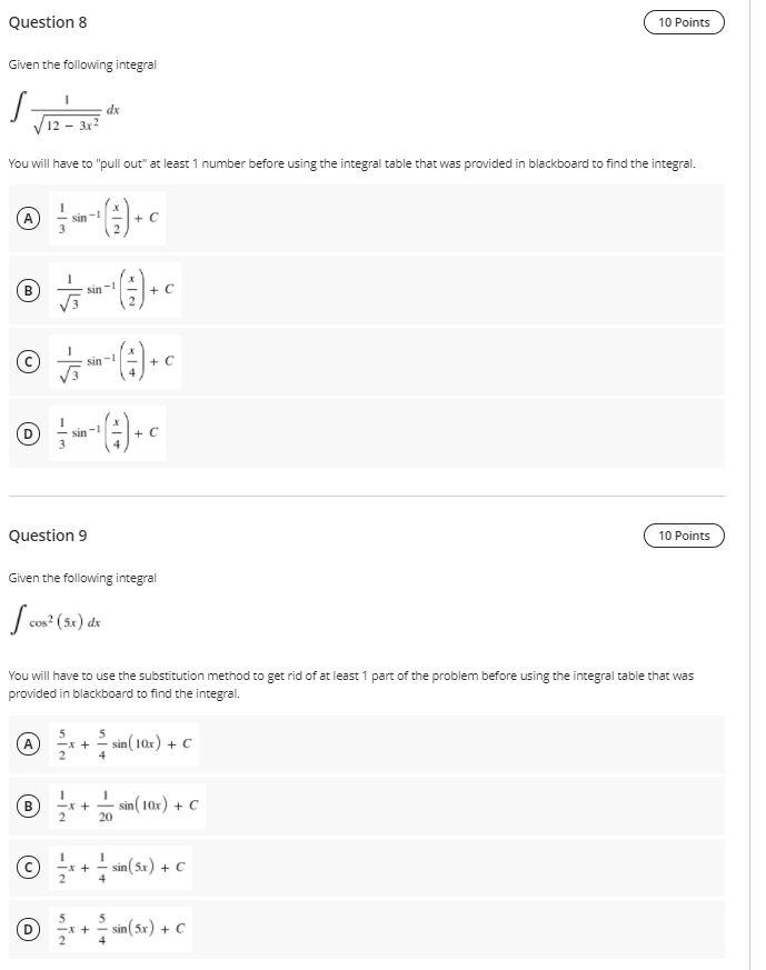 Solved Question 8 10 Points Given the following integral s | Chegg.com