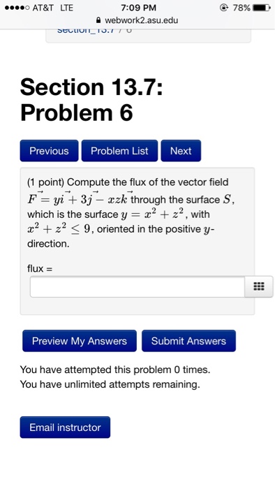 Solved 7:09 PM 슐 webwork2.asu.edu AT&T LTE 78% Section 13.7: | Chegg.com