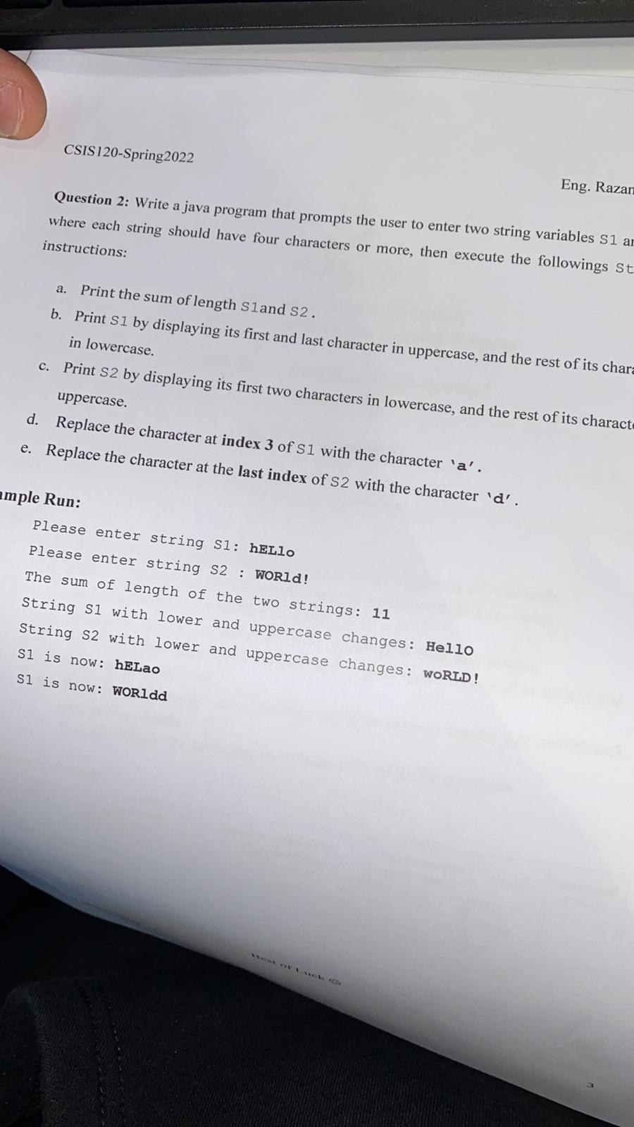 Solved CSIS120-Spring 2022 Eng. Razan Question 2: Write a | Chegg.com