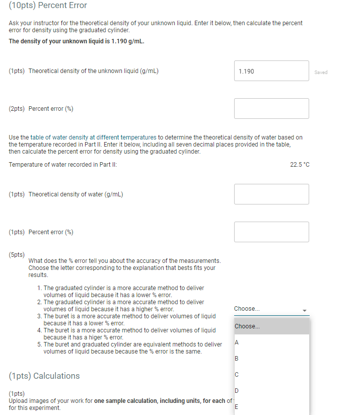 Solved (10pts) Percent Error Ask your instructor for the | Chegg.com