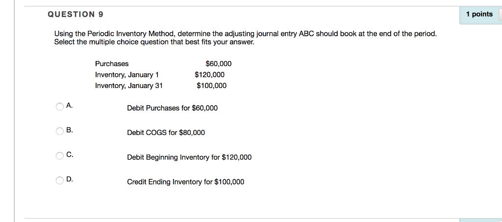Solved QUESTION 9 1 points Using the Periodic Inventory | Chegg.com