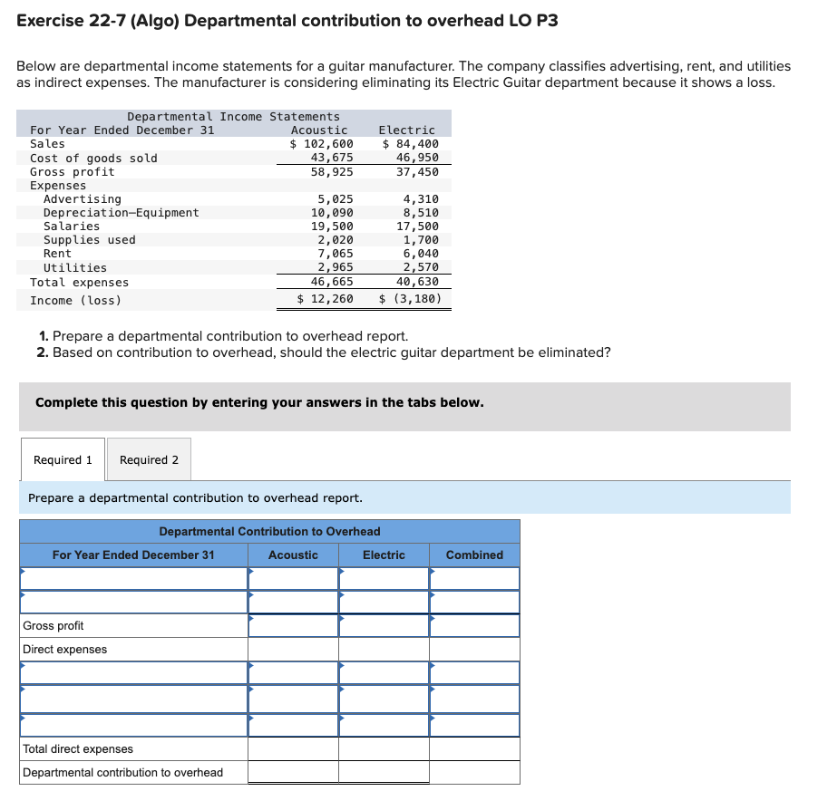 Solved Exercise 22-7 (Algo) Departmental contribution to | Chegg.com