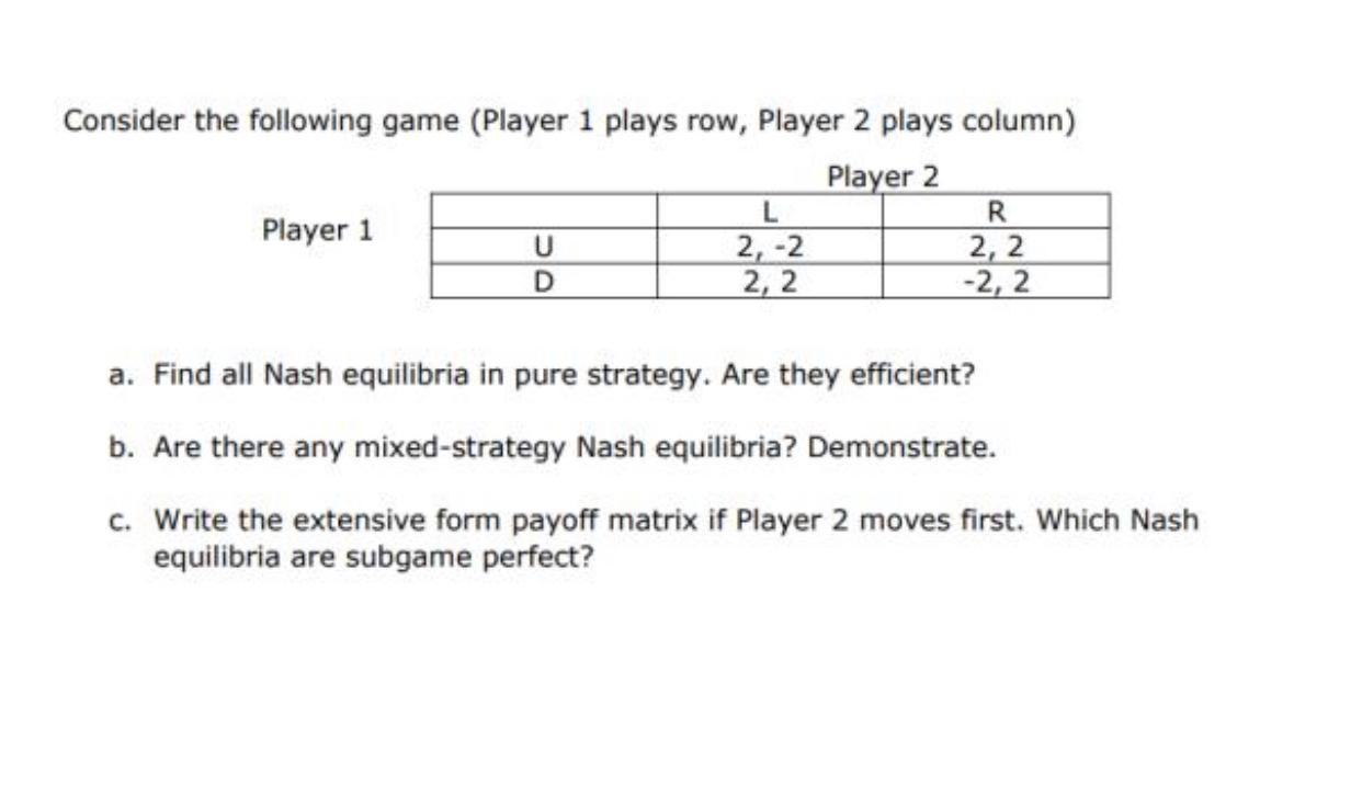 Solved Consider the following game (Player 1 plays row, | Chegg.com