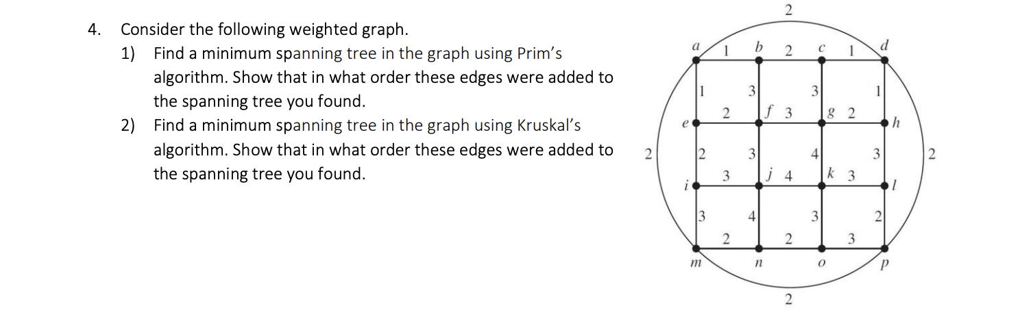 Solved 4. Consider the following weighted graph. 1) Find a | Chegg.com