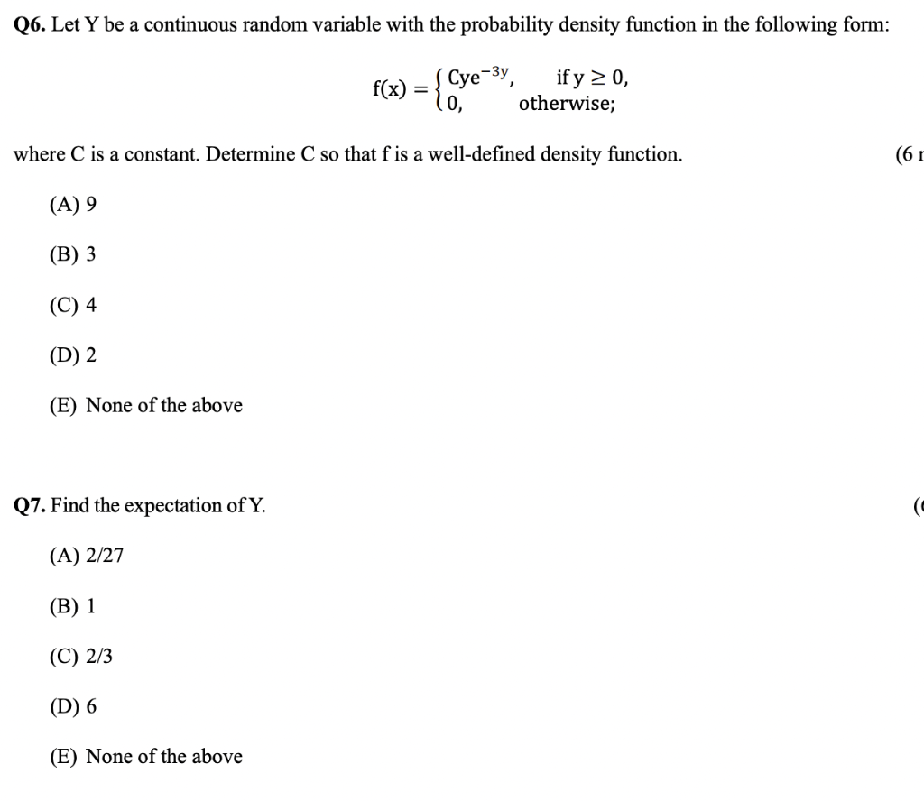 Solved Q6. Let Y be a continuous random variable with the | Chegg.com