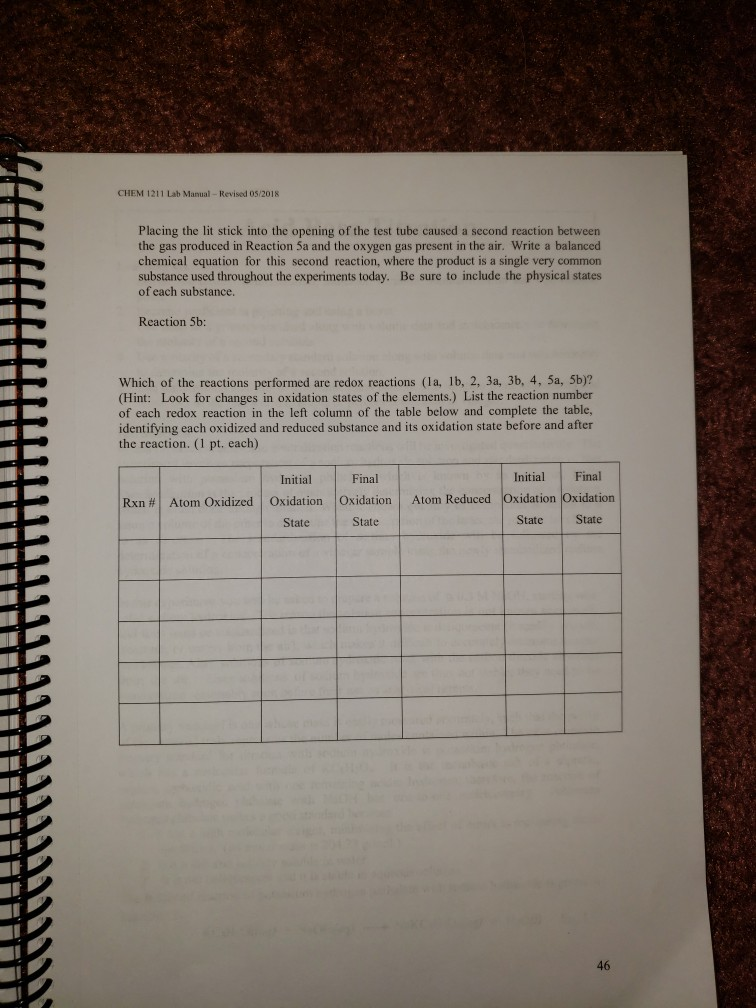 Solved CHEM 1211 Lab Manual Revised 05/2018 Procedure A: | Chegg.com