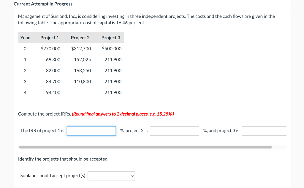 Solved Current Attempt in Progress Management of Sunland, | Chegg.com