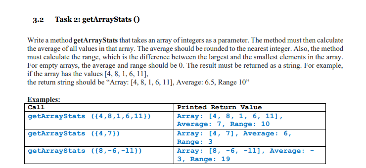 Solved Write a method getArrayStats that takes an array of | Chegg.com