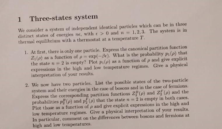 Solved 1 Three-states system We consider a system of | Chegg.com