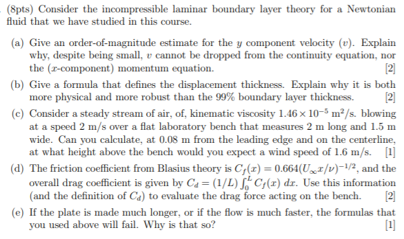 8pts) Consider the incompressible laminar boundary | Chegg.com