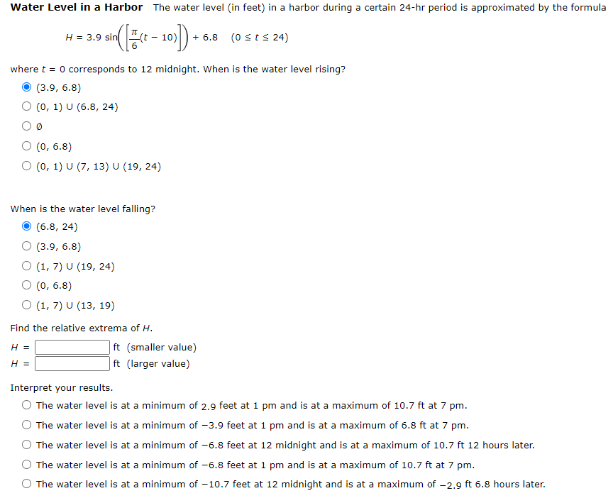Solved Water Level in a Harbor The water level (in feet) in | Chegg.com