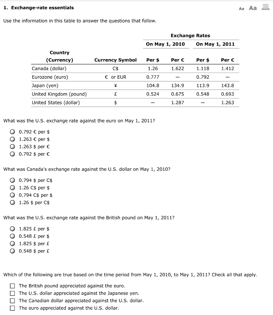 Solved 1. Exchange-rate essentials Aa Aa Use the information | Chegg.com