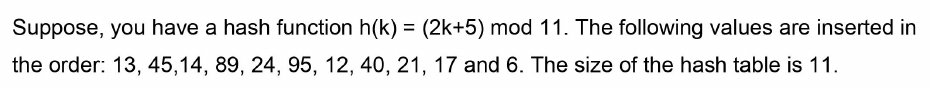 Solved = Suppose, you have a hash function h(k) = (2k+5) mod | Chegg.com
