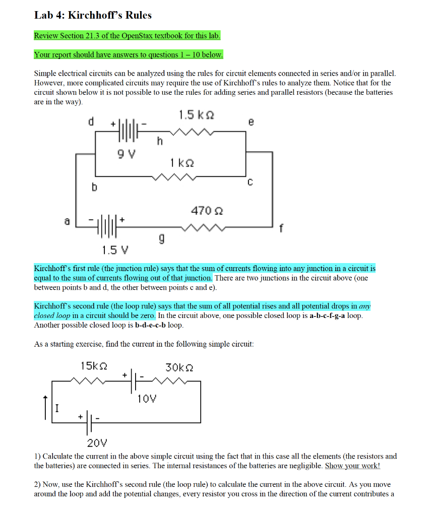 Solved Lab 4: Kirchhoff's Rules Review Section 21.3 of the | Chegg.com