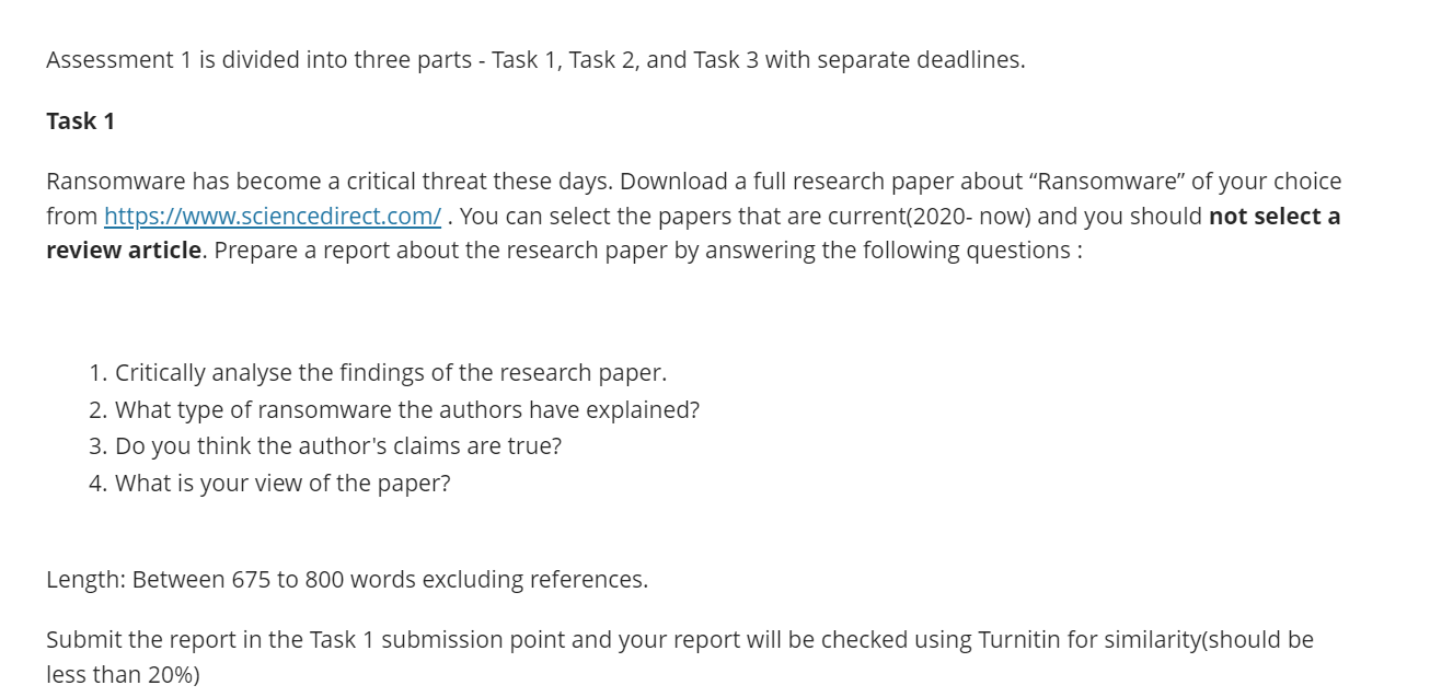 Solved Assessment 1 is divided into three parts - Task 1, | Chegg.com