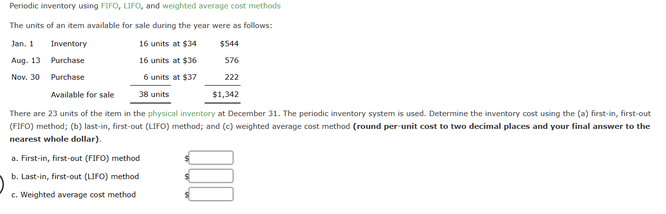 Solved Periodic inventory using FIFO, LIFO, and weighted | Chegg.com