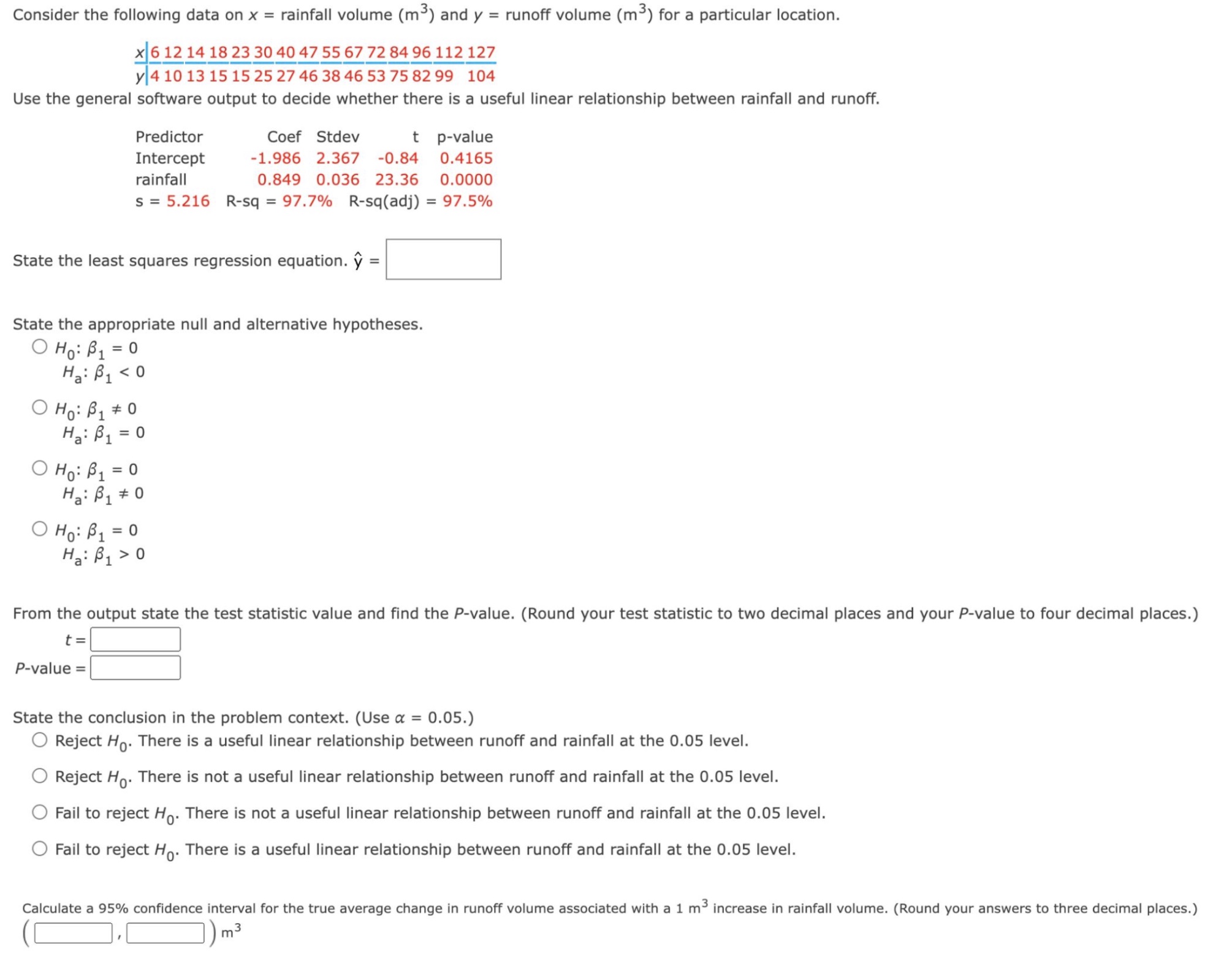 Solved Consider the following data on x= ﻿rainfall volume | Chegg.com