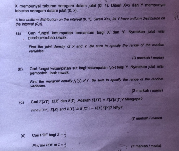 Solved X mempunyai taburan seragam dalam julat (0, 1). | Chegg.com