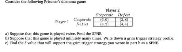 Solved Consider the following Prisoner's dilemma game Player | Chegg.com