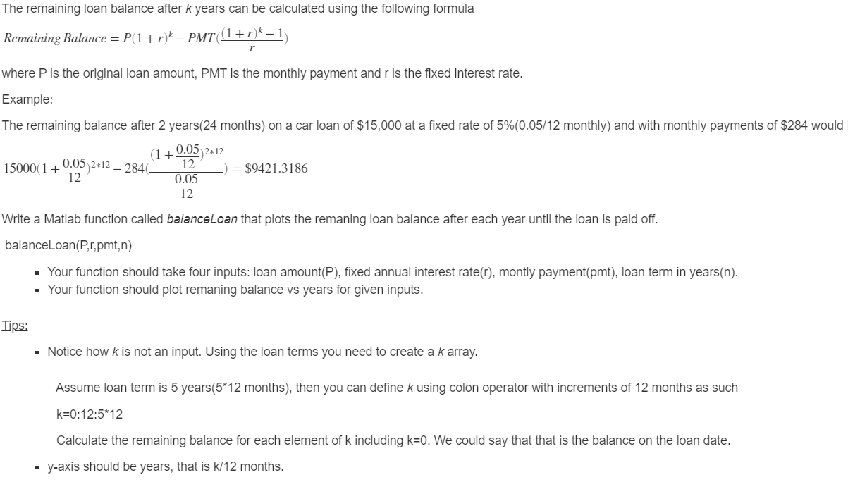 Solved The Remaining Loan Balance After K Years Can Be Chegg