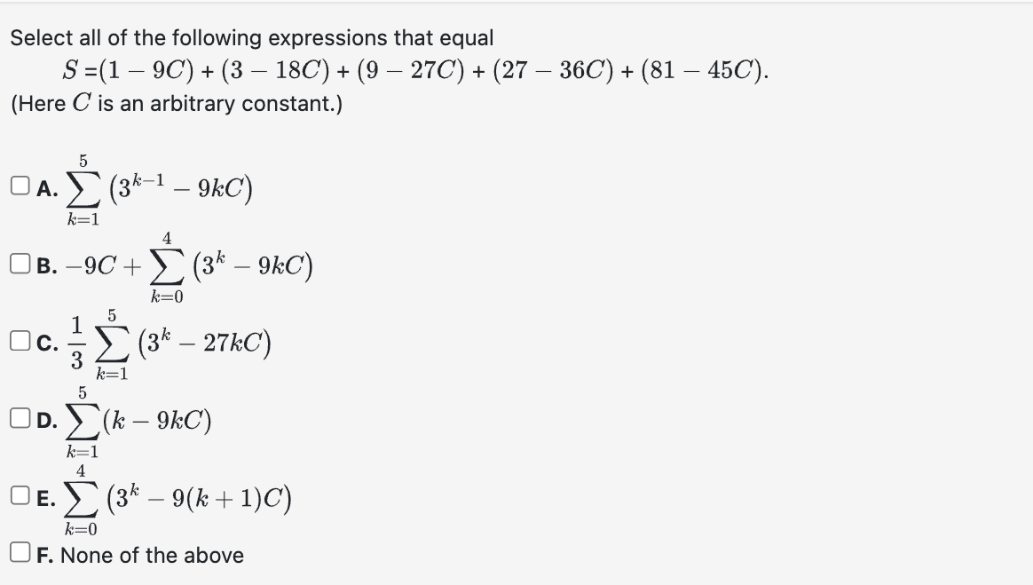 Solved S=(1−9C)+(3−18C)+(9−27C)+(27−36C)+(81−45C) (Here C is | Chegg.com