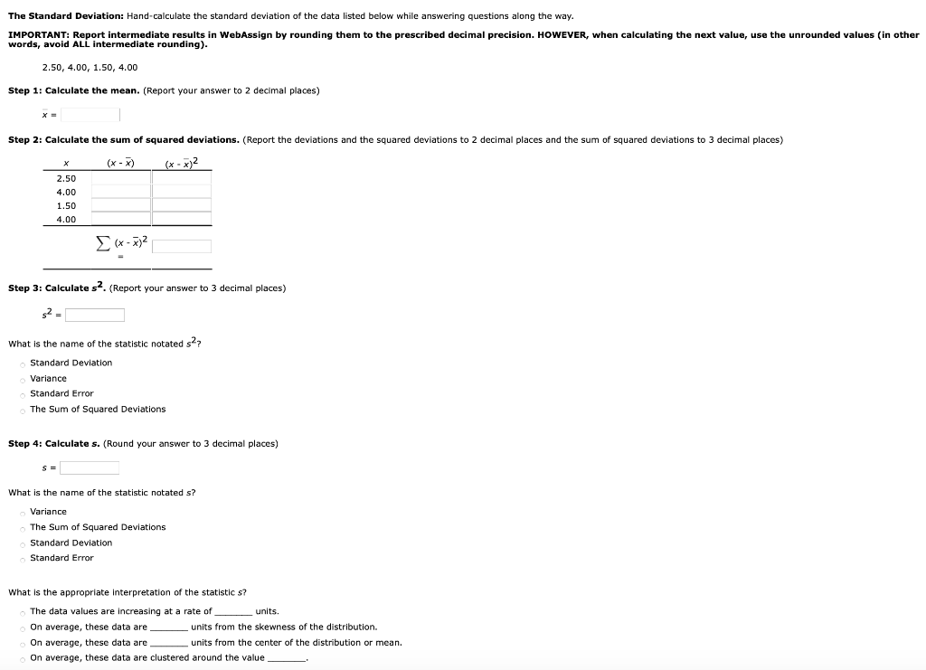 Solved The Standard Deviation: Hand-calculate the standard | Chegg.com