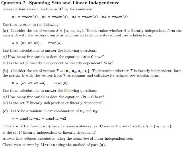 Question 2. Spanning Sets and Linear Independence | Chegg.com