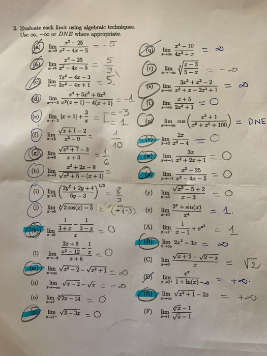 Solved 3. Evaluate each limit using algebraic techniques. | Chegg.com