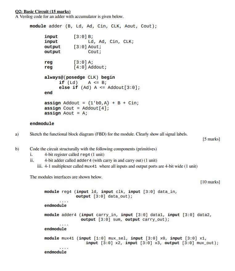 02: Basic Circuit (15 marks) A Verilog code for an | Chegg.com