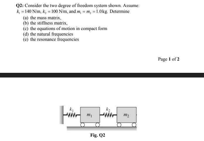 Q2: Consider the two degree of freedom system shown. | Chegg.com