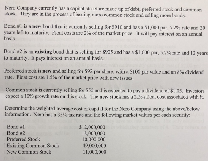 Solved Nero Company currently has a capital structure made | Chegg.com