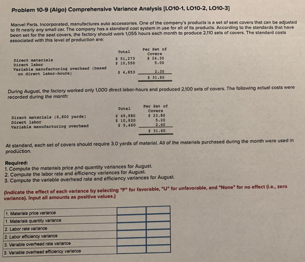 Solved Problem 10-9 (Algo) Comprehensive Variance Analysis | Chegg.com