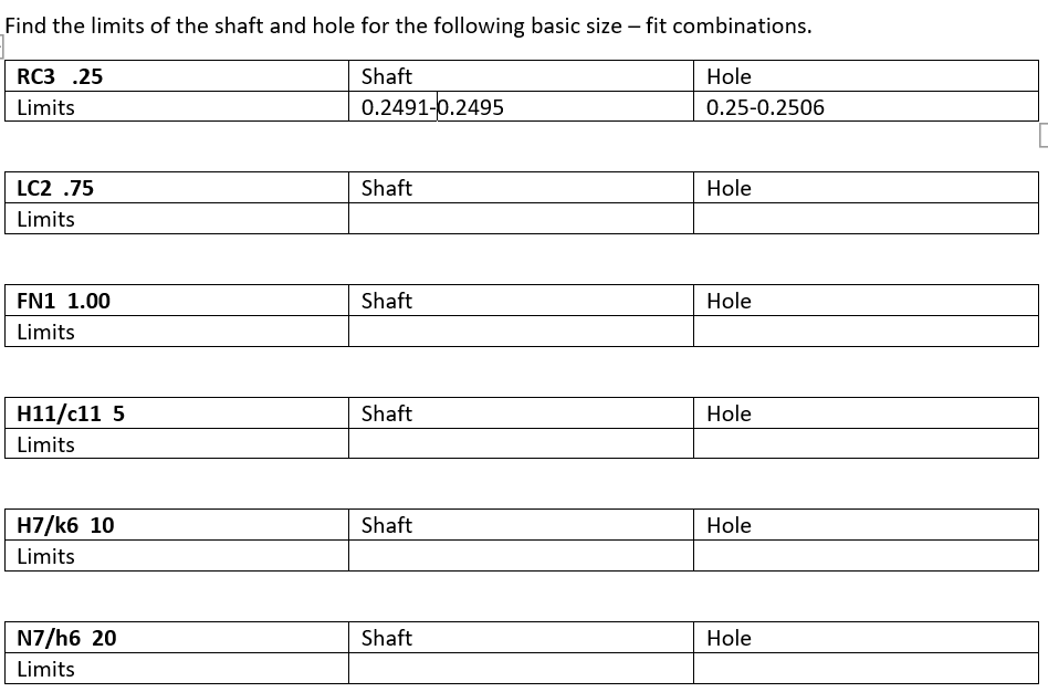 Solved Find the limits of the shaft and hole for the | Chegg.com