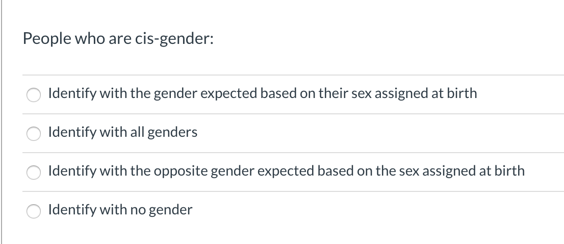 Solved People who are cis-gender: o Identify with the gender | Chegg.com