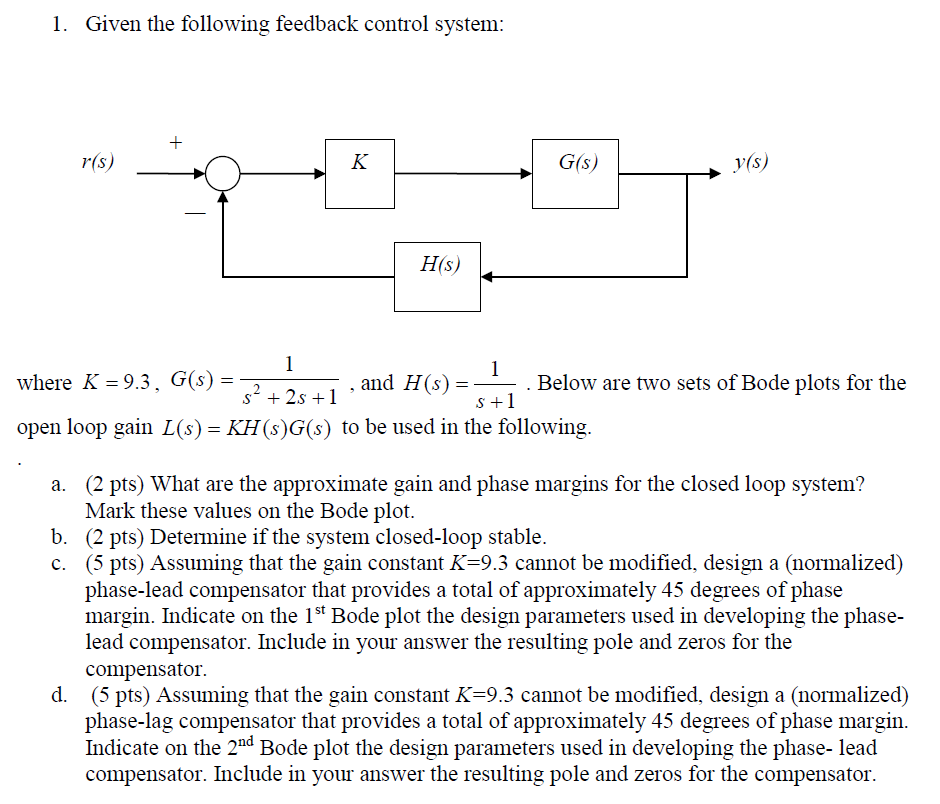 Solved 1. Given the following feedback control system r(s) | Chegg.com