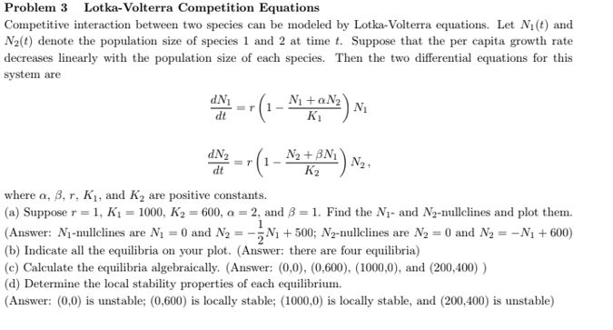 Problem 3 Lotka-Volterra Competition Equations | Chegg.com