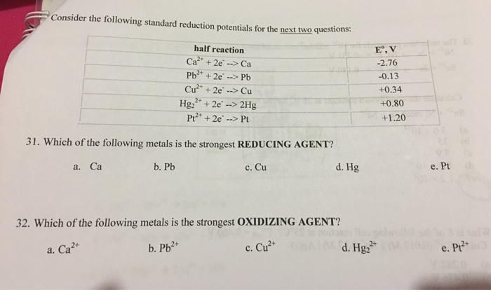 Solved Consider the following standard reduction potentials | Chegg.com