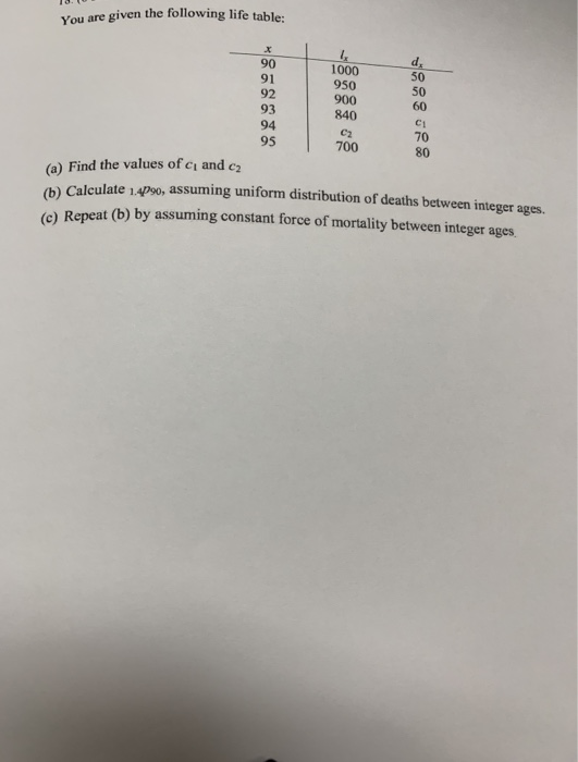 Solved You are given the following life table ds 50 90 1000 | Chegg.com