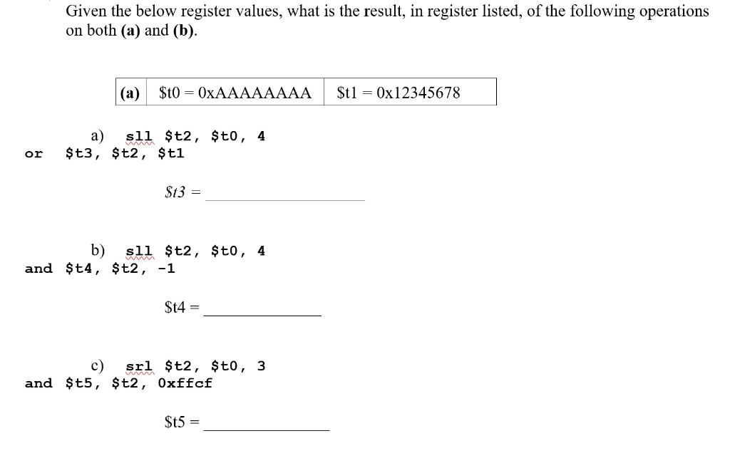 Solved Given the below register values, what is the result, | Chegg.com